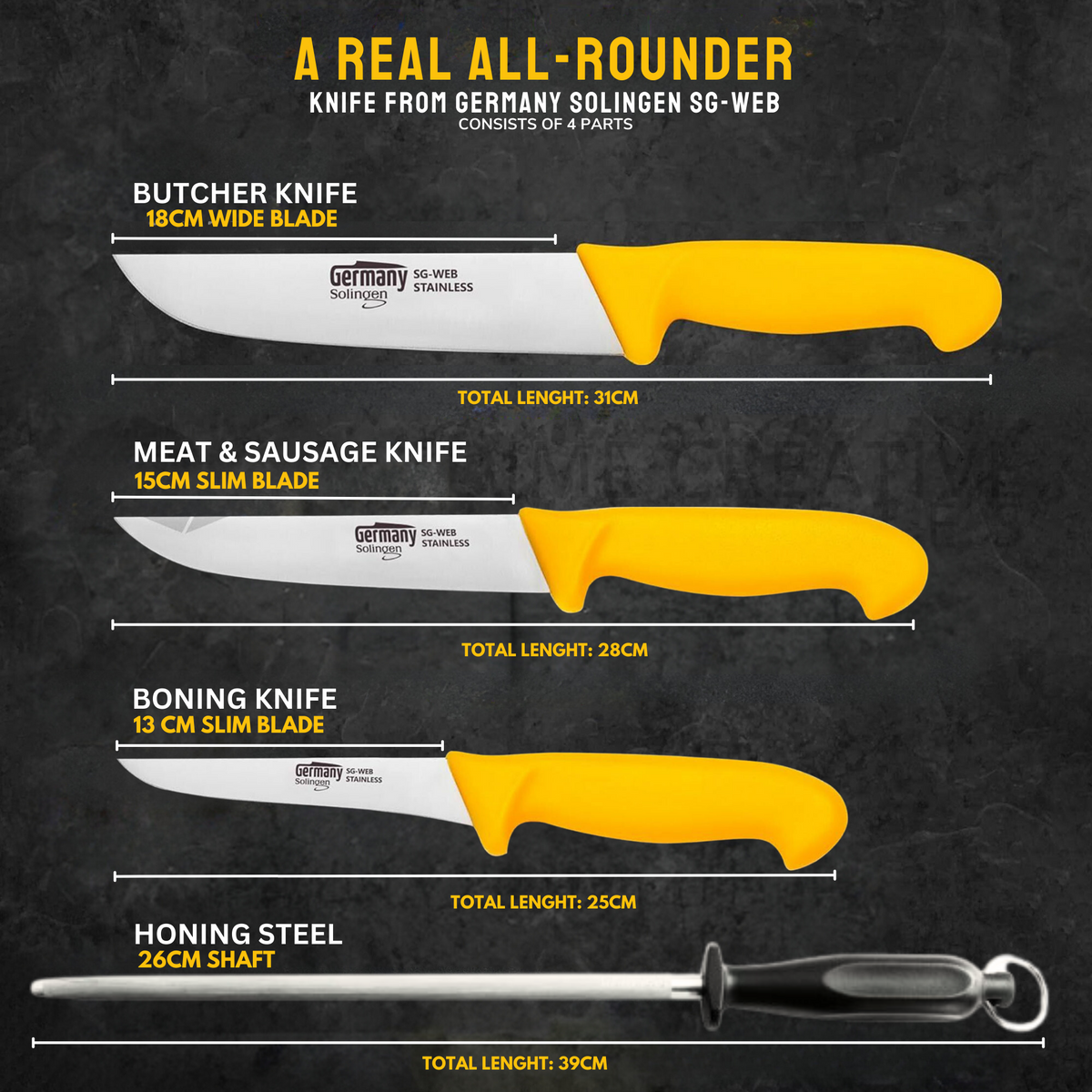Meat knife set 4 pcs. with sharpening steel - Germany Solingen